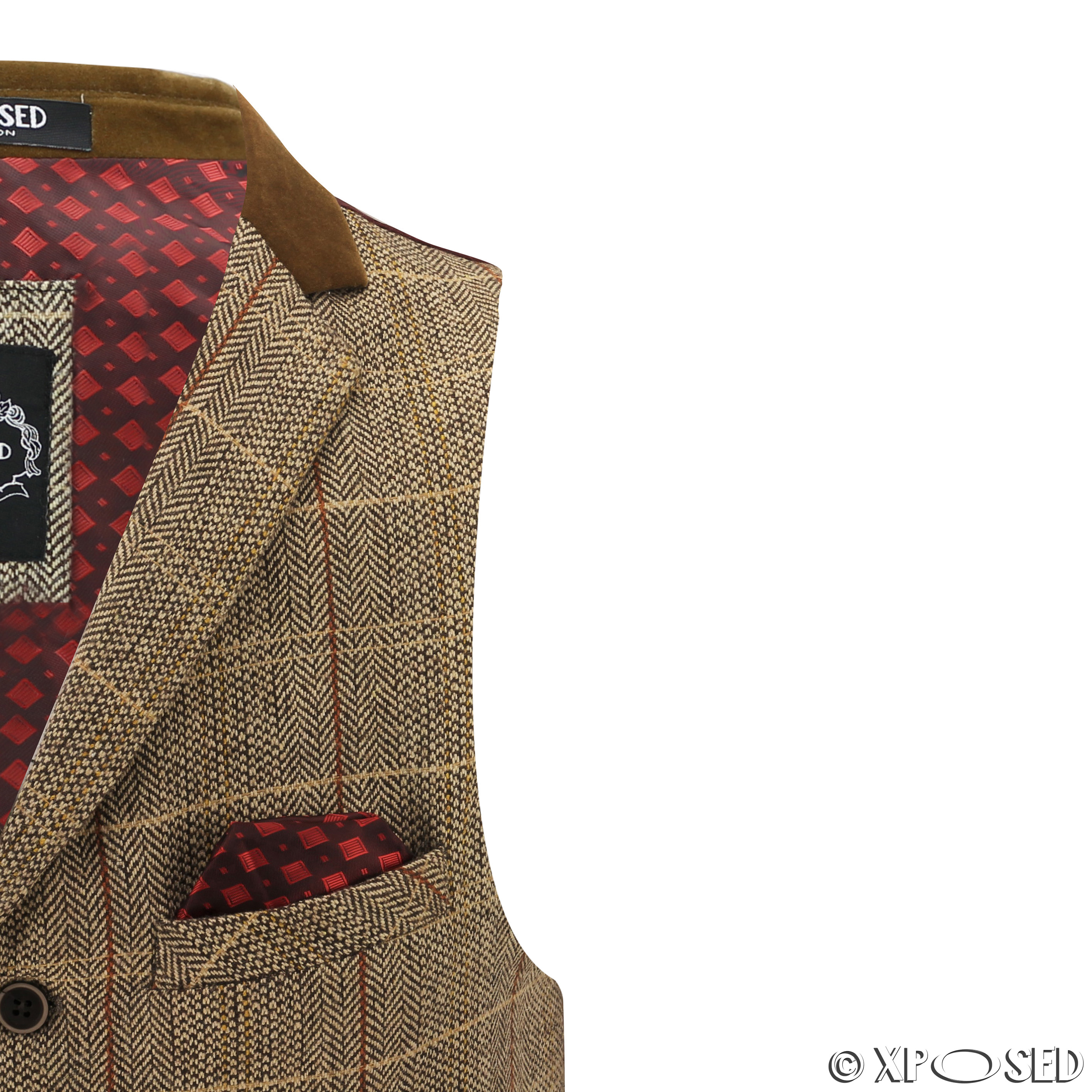 Mens Waistcoat Wool Mix Herringbone Tweed Check Velvet Collar Smart